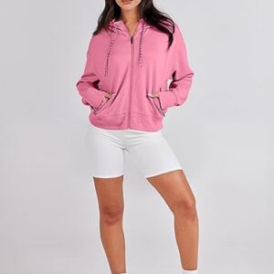 Caracilia Women's Full Zip Up Hoodies Cropped Drawstring Sweatshirts Teen Girl Cute Y2K Lightweight Preppy Pink Hooded Casual Preppy Jackets 2023 Fall Winter Fashion Clothes C114A8-yanfen-XL