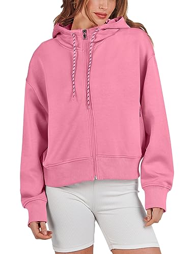 Caracilia Women's Full Zip Up Hoodies Cropped Drawstring Sweatshirts Teen Girl Cute Y2K Lightweight Preppy Pink Hooded Casual Preppy Jackets 2023 Fall Winter Fashion Clothes C114A8-yanfen-XL