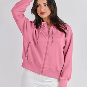 Caracilia Women's Full Zip Up Hoodies Cropped Drawstring Sweatshirts Teen Girl Cute Y2K Lightweight Preppy Pink Hooded Casual Preppy Jackets 2023 Fall Winter Fashion Clothes C114A8-yanfen-XL