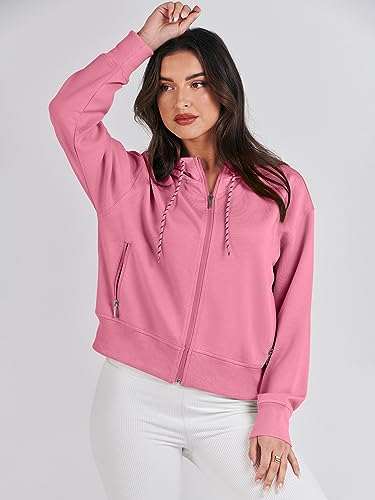 Caracilia Women's Full Zip Up Hoodies Cropped Drawstring Sweatshirts Teen Girl Cute Y2K Lightweight Preppy Pink Hooded Casual Preppy Jackets 2023 Fall Winter Fashion Clothes C114A8-yanfen-XL