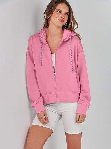 Caracilia Women's Full Zip Up Hoodies Cropped Drawstring Sweatshirts Teen Girl Cute Y2K Lightweight Preppy Pink Hooded Casual Preppy Jackets 2023 Fall Winter Fashion Clothes C114A8-yanfen-XL