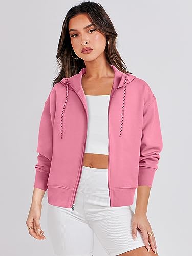 Caracilia Women's Full Zip Up Hoodies Cropped Drawstring Sweatshirts Teen Girl Cute Y2K Lightweight Preppy Pink Hooded Casual Preppy Jackets 2023 Fall Winter Fashion Clothes C114A8-yanfen-XL