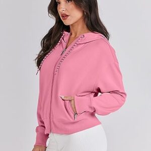 Caracilia Women's Full Zip Up Hoodies Cropped Drawstring Sweatshirts Teen Girl Cute Y2K Lightweight Preppy Pink Hooded Casual Preppy Jackets 2023 Fall Winter Fashion Clothes C114A8-yanfen-XL