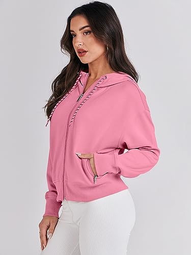 Caracilia Women's Full Zip Up Hoodies Cropped Drawstring Sweatshirts Teen Girl Cute Y2K Lightweight Preppy Pink Hooded Casual Preppy Jackets 2023 Fall Winter Fashion Clothes C114A8-yanfen-XL