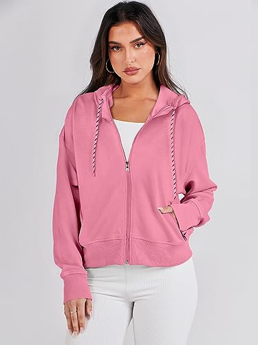 Caracilia Women's Full Zip Up Hoodies Cropped Drawstring Sweatshirts Teen Girl Cute Y2K Lightweight Preppy Pink Hooded Casual Preppy Jackets 2023 Fall Winter Fashion Clothes C114A8-yanfen-XL