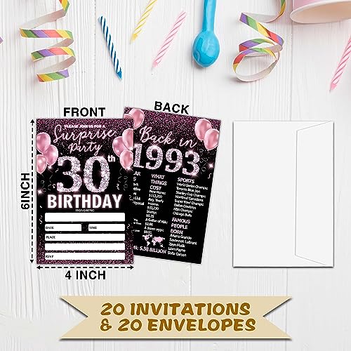 30th Rose Gold Diamonds Birthday Invitations Cards, Double -Sided Pink Glitter Fill-in Invites, 1993 Surprise Birthday Party Supplies Decorations (20 Invites + 20 Envelopes) -A05