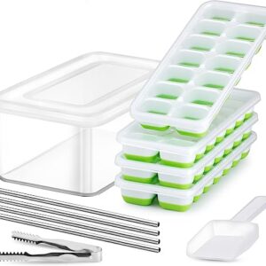 Ice Cube Tray with Lid and Bin, Jrisbo 4 Pack Silicone Easy-Release Ice Cube Trays with Ice Container, Stackable Ice Trays with Storage Ice Bucket, 4 Stainless Steel Straws, Ice Tong, Ice Scoop