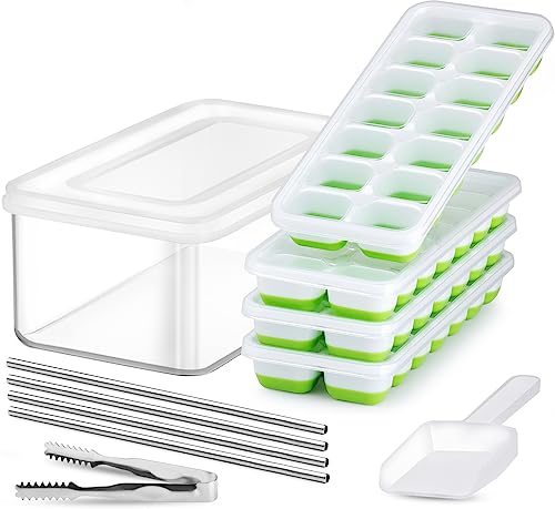 Ice Cube Tray with Lid and Bin, Jrisbo 4 Pack Silicone Easy-Release Ice Cube Trays with Ice Container, Stackable Ice Trays with Storage Ice Bucket, 4 Stainless Steel Straws, Ice Tong, Ice Scoop