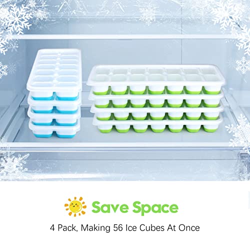 Ice Cube Tray with Lid and Bin, Jrisbo 4 Pack Silicone Easy-Release Ice Cube Trays with Ice Container, Stackable Ice Trays with Storage Ice Bucket, 4 Stainless Steel Straws, Ice Tong, Ice Scoop