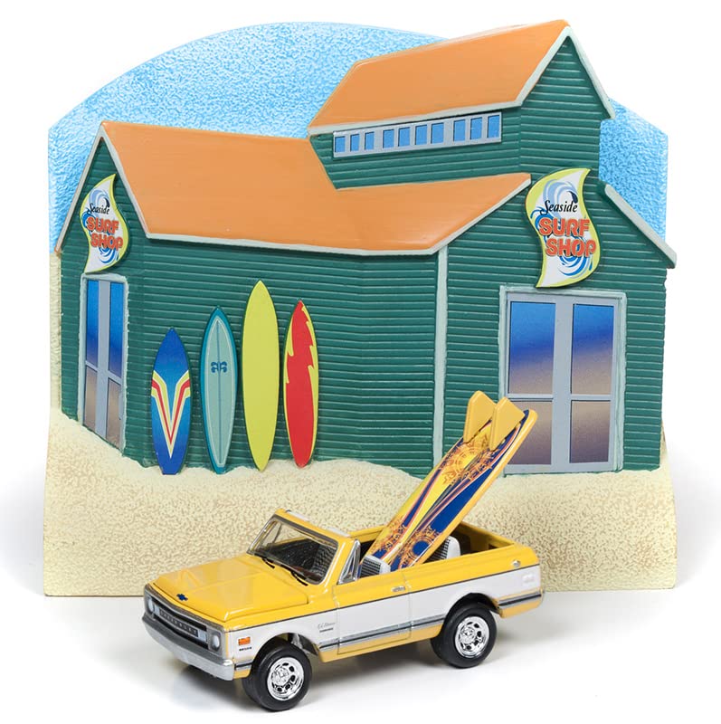 1970 Chevy Blazer Convertible Pickup Truck Yellow and White with Surf Boards and Surf Shop Front Facade Diorama Set American Snapshots 1/64 Diecast Model Car by Johnny Lightning JLDR005-BLAZER