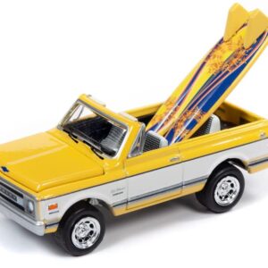 1970 Chevy Blazer Convertible Pickup Truck Yellow and White with Surf Boards and Surf Shop Front Facade Diorama Set American Snapshots 1/64 Diecast Model Car by Johnny Lightning JLDR005-BLAZER