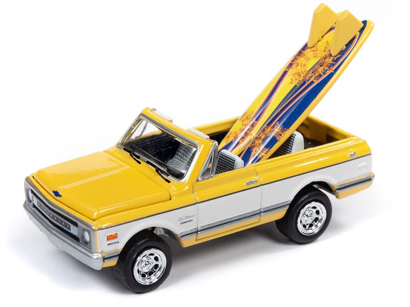 1970 Chevy Blazer Convertible Pickup Truck Yellow and White with Surf Boards and Surf Shop Front Facade Diorama Set American Snapshots 1/64 Diecast Model Car by Johnny Lightning JLDR005-BLAZER