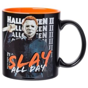 silver buffalo hallowen ii slay all day scary ceramic mug with sculpted handle, 20 ounces