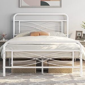 yaheetech full bed frames metal platform bed mattress foundation with criss-cross design headboard, ample underbed storage space, heavy duty slat support, no box spring needed, full size white