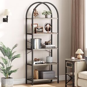 idealhouse bookshelf 5 tier bookcase arched display racks tall standing bookshelves metal frame farmhouse storage rack shelf grey book shelf for bedroom, living room, home office