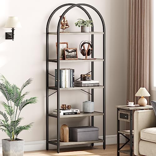 IDEALHOUSE Bookshelf 5 Tier Bookcase Arched Display Racks Tall Standing Bookshelves Metal Frame Farmhouse Storage Rack Shelf Grey Book Shelf for Bedroom, Living Room, Home Office