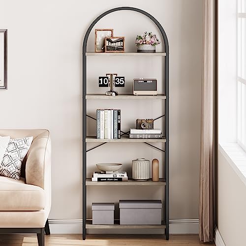 IDEALHOUSE Bookshelf 5 Tier Bookcase Arched Display Racks Tall Standing Bookshelves Metal Frame Farmhouse Storage Rack Shelf Grey Book Shelf for Bedroom, Living Room, Home Office