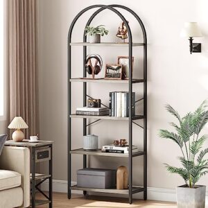 IDEALHOUSE Bookshelf 5 Tier Bookcase Arched Display Racks Tall Standing Bookshelves Metal Frame Farmhouse Storage Rack Shelf Grey Book Shelf for Bedroom, Living Room, Home Office