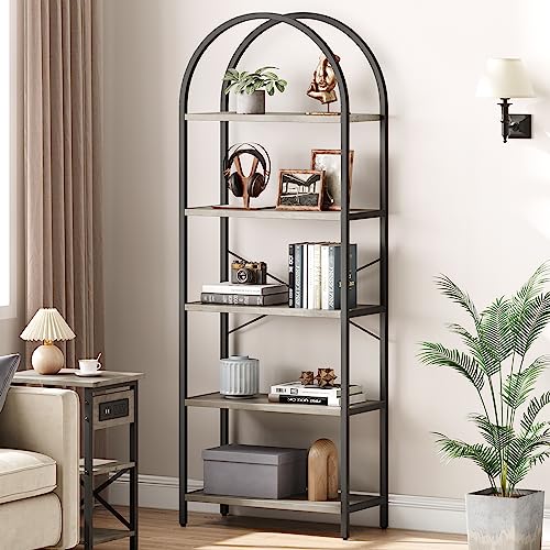 IDEALHOUSE Bookshelf 5 Tier Bookcase Arched Display Racks Tall Standing Bookshelves Metal Frame Farmhouse Storage Rack Shelf Grey Book Shelf for Bedroom, Living Room, Home Office