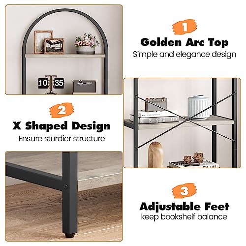 IDEALHOUSE Bookshelf 5 Tier Bookcase Arched Display Racks Tall Standing Bookshelves Metal Frame Farmhouse Storage Rack Shelf Grey Book Shelf for Bedroom, Living Room, Home Office