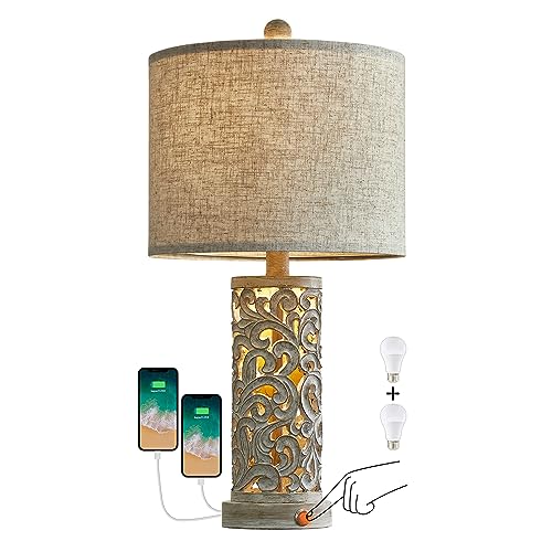 OYEARS 3-Way Dimmable 22'' USB A+C Touch Control Table Lamp with Nightlight for Living Room Bedroom Farmhouse Bedside Nightstand Lamps (1 Bulbs and 1 Built-in LED Beads Included)