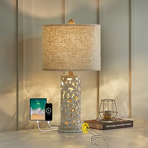 OYEARS 3-Way Dimmable 22'' USB A+C Touch Control Table Lamp with Nightlight for Living Room Bedroom Farmhouse Bedside Nightstand Lamps (1 Bulbs and 1 Built-in LED Beads Included)