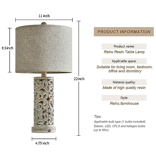 OYEARS 3-Way Dimmable 22'' USB A+C Touch Control Table Lamp with Nightlight for Living Room Bedroom Farmhouse Bedside Nightstand Lamps (1 Bulbs and 1 Built-in LED Beads Included)