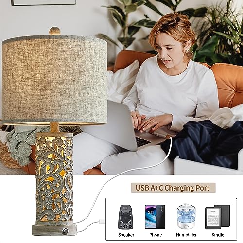 OYEARS 3-Way Dimmable 22'' USB A+C Touch Control Table Lamp with Nightlight for Living Room Bedroom Farmhouse Bedside Nightstand Lamps (1 Bulbs and 1 Built-in LED Beads Included)