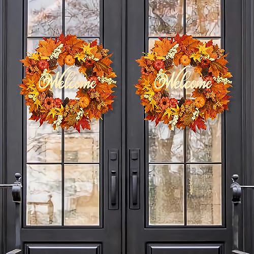 Waipfaru Fall Wreaths for Front Door, 20'' Autumn Fall Wreath with Lights and Welcome Sign, Fall Leaf Outdoor Wreath for Thanksgiving Farmhouse Front Porch Patio Decor