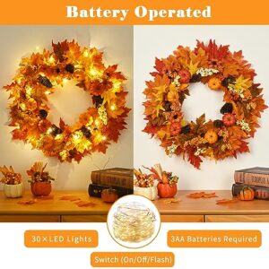 Waipfaru Fall Wreaths for Front Door, 20'' Autumn Fall Wreath with Lights and Welcome Sign, Fall Leaf Outdoor Wreath for Thanksgiving Farmhouse Front Porch Patio Decor