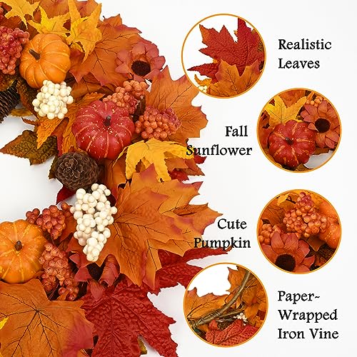 Waipfaru Fall Wreaths for Front Door, 20'' Autumn Fall Wreath with Lights and Welcome Sign, Fall Leaf Outdoor Wreath for Thanksgiving Farmhouse Front Porch Patio Decor