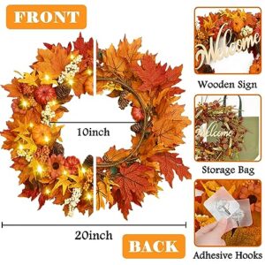 Waipfaru Fall Wreaths for Front Door, 20'' Autumn Fall Wreath with Lights and Welcome Sign, Fall Leaf Outdoor Wreath for Thanksgiving Farmhouse Front Porch Patio Decor