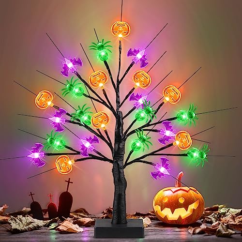 [Timer] Halloween Decor 18 Inch Black Halloween Tree with 24 LED Pumpkin Bat Spider Light, USB/Battery Operated Lighted Birch Tree Spooky Halloween Table Decorations Indoor Outdoor for Home Room Party