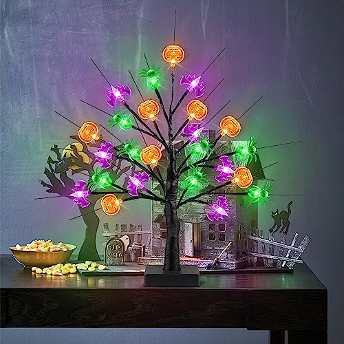 [Timer] Halloween Decor 18 Inch Black Halloween Tree with 24 LED Pumpkin Bat Spider Light, USB/Battery Operated Lighted Birch Tree Spooky Halloween Table Decorations Indoor Outdoor for Home Room Party