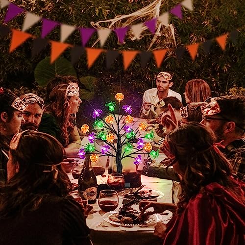 [Timer] Halloween Decor 18 Inch Black Halloween Tree with 24 LED Pumpkin Bat Spider Light, USB/Battery Operated Lighted Birch Tree Spooky Halloween Table Decorations Indoor Outdoor for Home Room Party