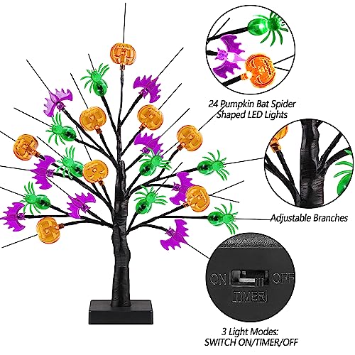 [Timer] Halloween Decor 18 Inch Black Halloween Tree with 24 LED Pumpkin Bat Spider Light, USB/Battery Operated Lighted Birch Tree Spooky Halloween Table Decorations Indoor Outdoor for Home Room Party