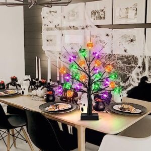 [Timer] Halloween Decor 18 Inch Black Halloween Tree with 24 LED Pumpkin Bat Spider Light, USB/Battery Operated Lighted Birch Tree Spooky Halloween Table Decorations Indoor Outdoor for Home Room Party