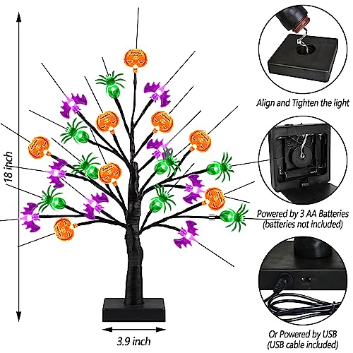 [Timer] Halloween Decor 18 Inch Black Halloween Tree with 24 LED Pumpkin Bat Spider Light, USB/Battery Operated Lighted Birch Tree Spooky Halloween Table Decorations Indoor Outdoor for Home Room Party