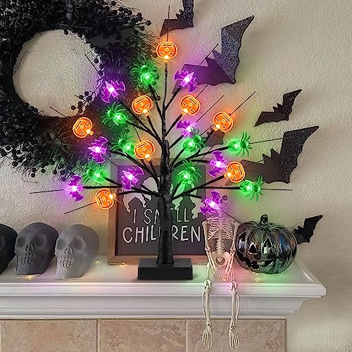 [Timer] Halloween Decor 18 Inch Black Halloween Tree with 24 LED Pumpkin Bat Spider Light, USB/Battery Operated Lighted Birch Tree Spooky Halloween Table Decorations Indoor Outdoor for Home Room Party