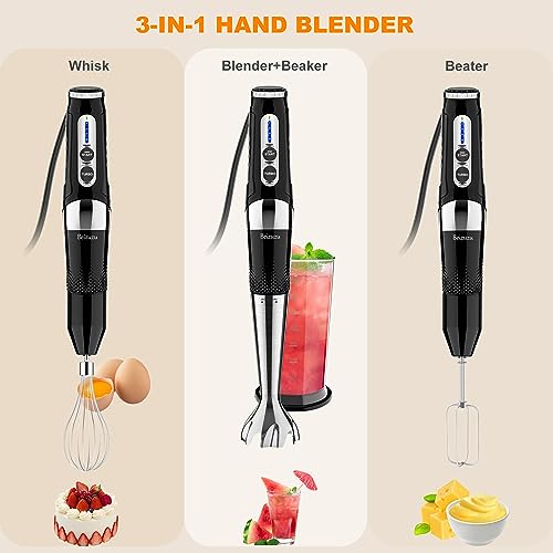 3-in-1 Immersion Hand Blender: 3-Angle Adjustable with Variable 21-Speed Control, Powerful Hand Blender Electric for Milkshakes | Smoothies | Soup| Puree | Baby Food (White)