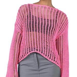 Crochet Tops for Women Summer Hollow Out Knit Sweaters Long Sleeve Crop Mesh Top Fashion Y2k Beach Cover Up Pink L