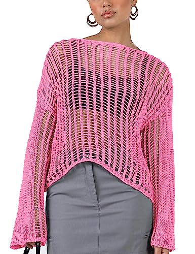 Crochet Tops for Women Summer Hollow Out Knit Sweaters Long Sleeve Crop Mesh Top Fashion Y2k Beach Cover Up Pink L