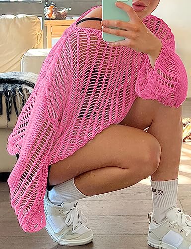 Crochet Tops for Women Summer Hollow Out Knit Sweaters Long Sleeve Crop Mesh Top Fashion Y2k Beach Cover Up Pink L