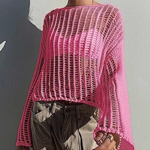 Crochet Tops for Women Summer Hollow Out Knit Sweaters Long Sleeve Crop Mesh Top Fashion Y2k Beach Cover Up Pink L