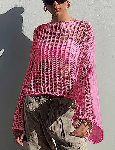 Crochet Tops for Women Summer Hollow Out Knit Sweaters Long Sleeve Crop Mesh Top Fashion Y2k Beach Cover Up Pink L