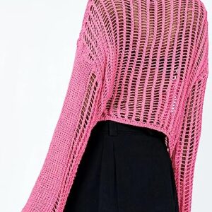 Crochet Tops for Women Summer Hollow Out Knit Sweaters Long Sleeve Crop Mesh Top Fashion Y2k Beach Cover Up Pink L