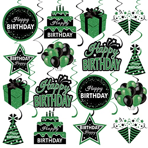 Green Birthday Hanging Swirls Decorations for Women Men, 16Pcs Black and Green Happy Birthday Foil Swirls Party Supplies, 10th 16th 18th 21st 30th 40th 50th 60th Bday Green Theme Swirls Ceiling Decor