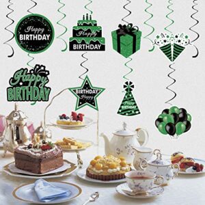 Green Birthday Hanging Swirls Decorations for Women Men, 16Pcs Black and Green Happy Birthday Foil Swirls Party Supplies, 10th 16th 18th 21st 30th 40th 50th 60th Bday Green Theme Swirls Ceiling Decor