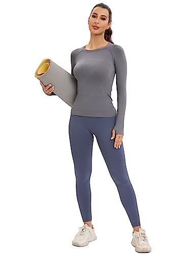 MathCat Workout Seamless Shirts for Women Long-Sleeved Yoga Running Breathable Thumb Holes Tops Grey