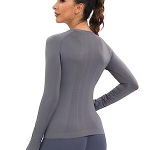 MathCat Workout Seamless Shirts for Women Long-Sleeved Yoga Running Breathable Thumb Holes Tops Grey